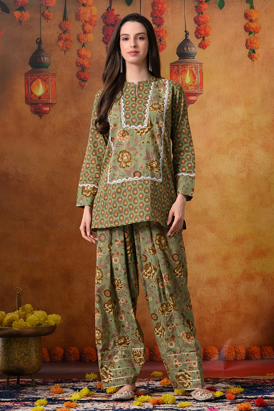 Olive Green Hand Block Cotton Farshi Salwar Suit Set | Ives – Ives Store